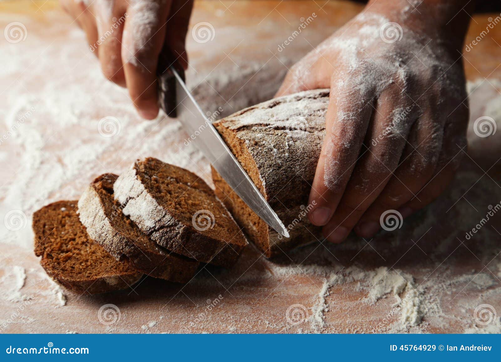 Male Hands Slicing Fresh Bread. Stock Image - Image of background ...