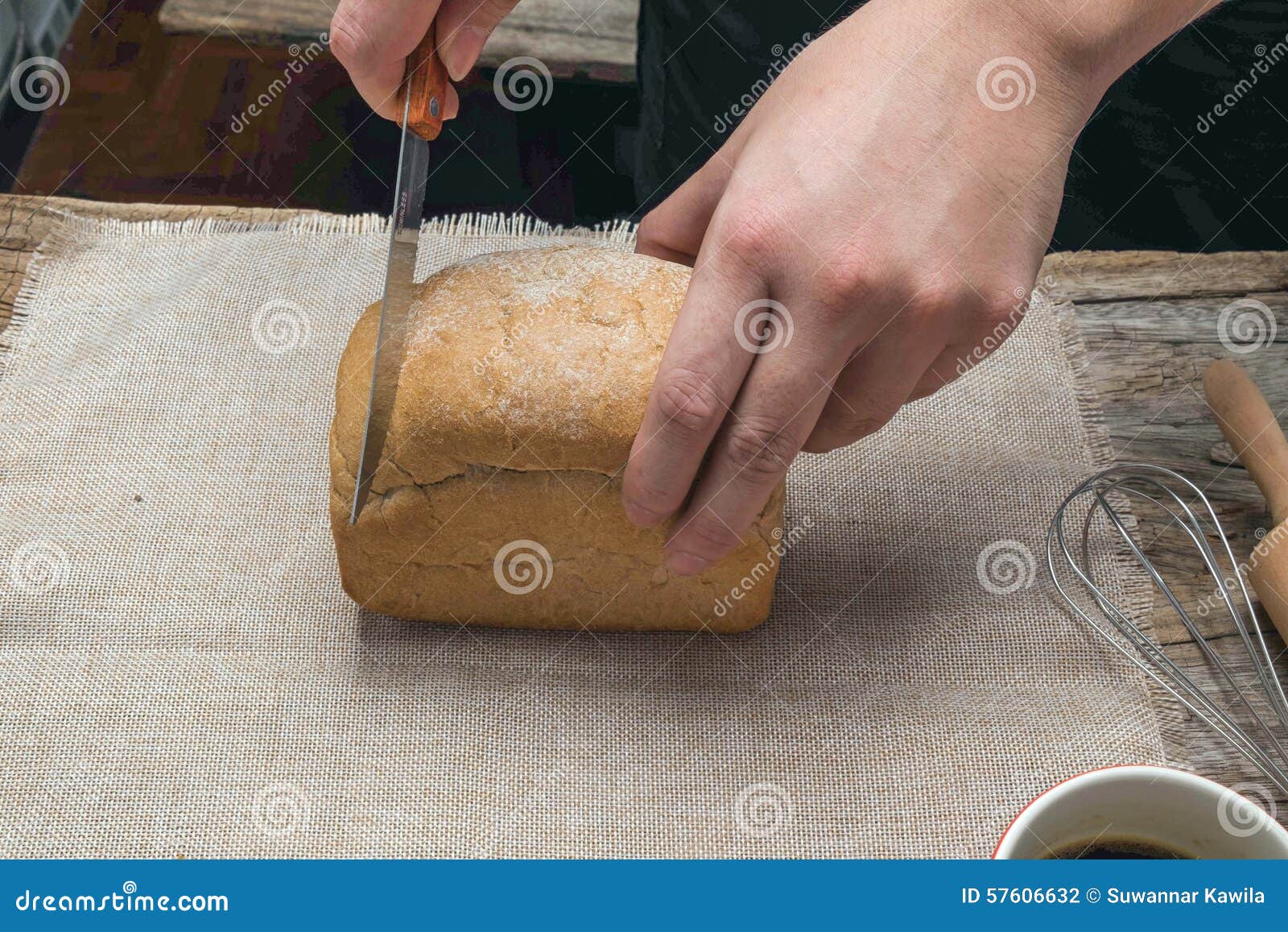 Male hands slicing stock photo. Image of bread, organic - 57606632