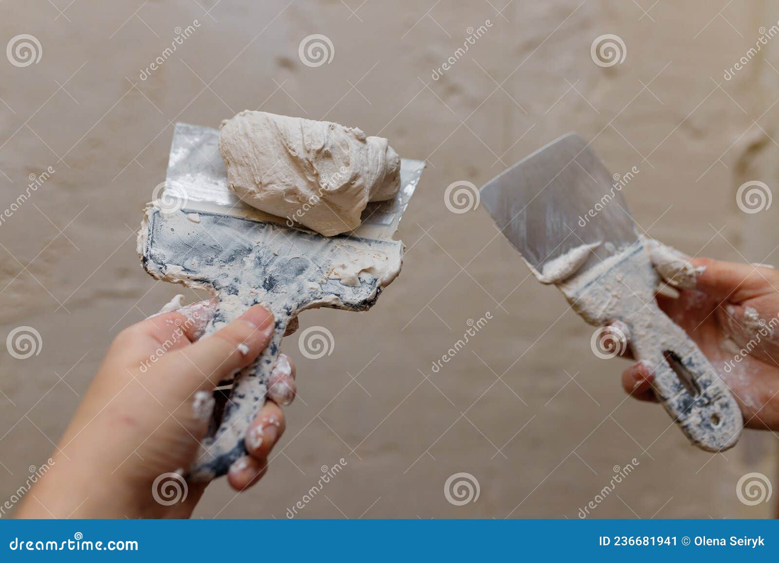 Male Hands with Spatula Using Putty for Wall, Builder Making Overhaul ...