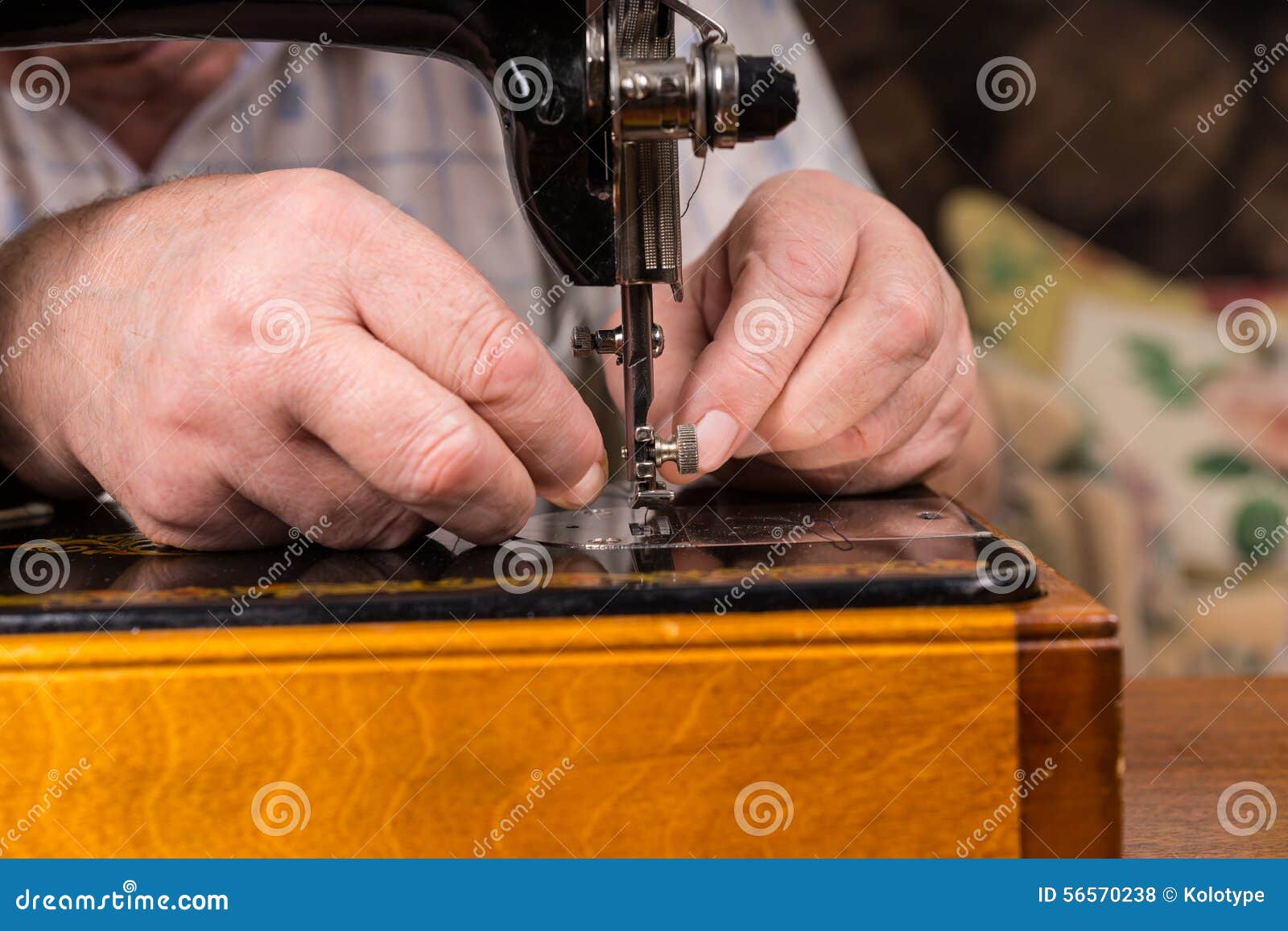 Male Hands Threading Needle of Sewing Machine Stock Photo - Image of ...