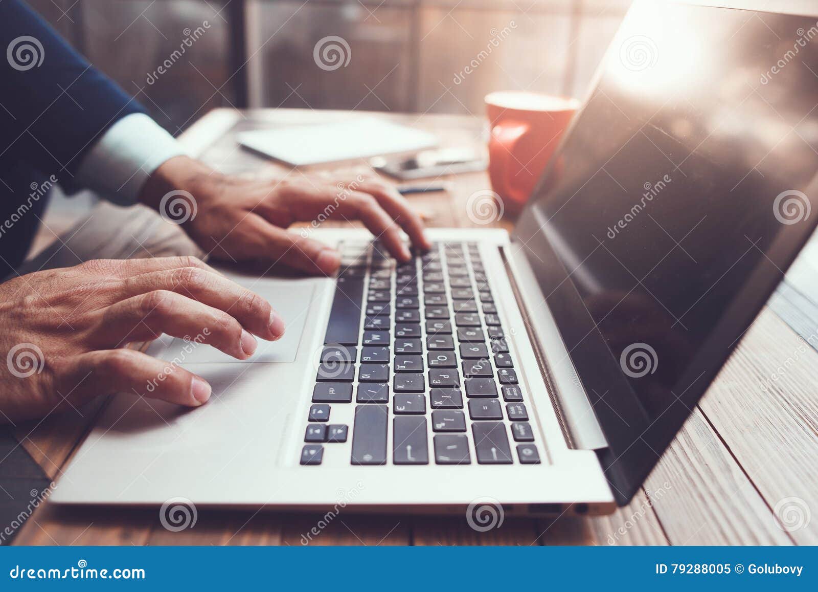 Male Hands Typing. Modern Laptop on Desk Stock Image - Image of ...