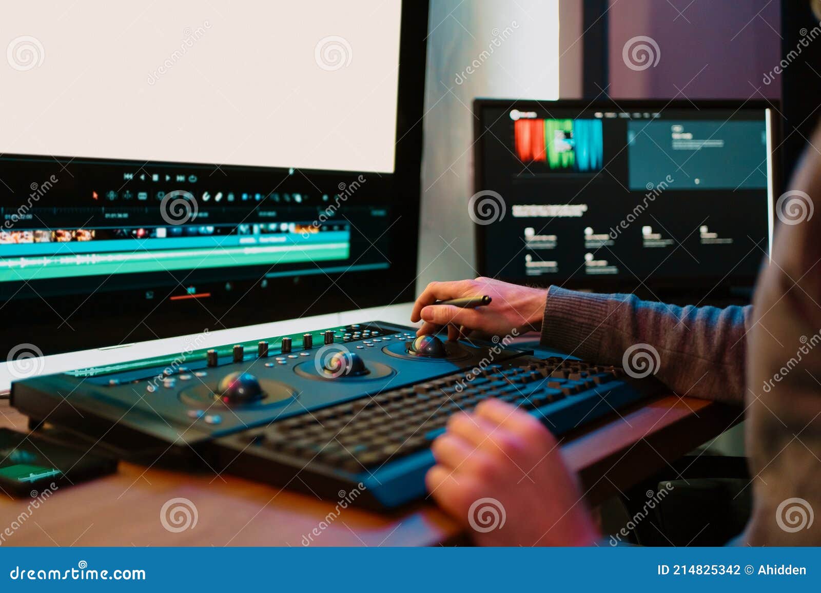 Male Hands Video Editor Working on His Personal Computer Control Panel ...