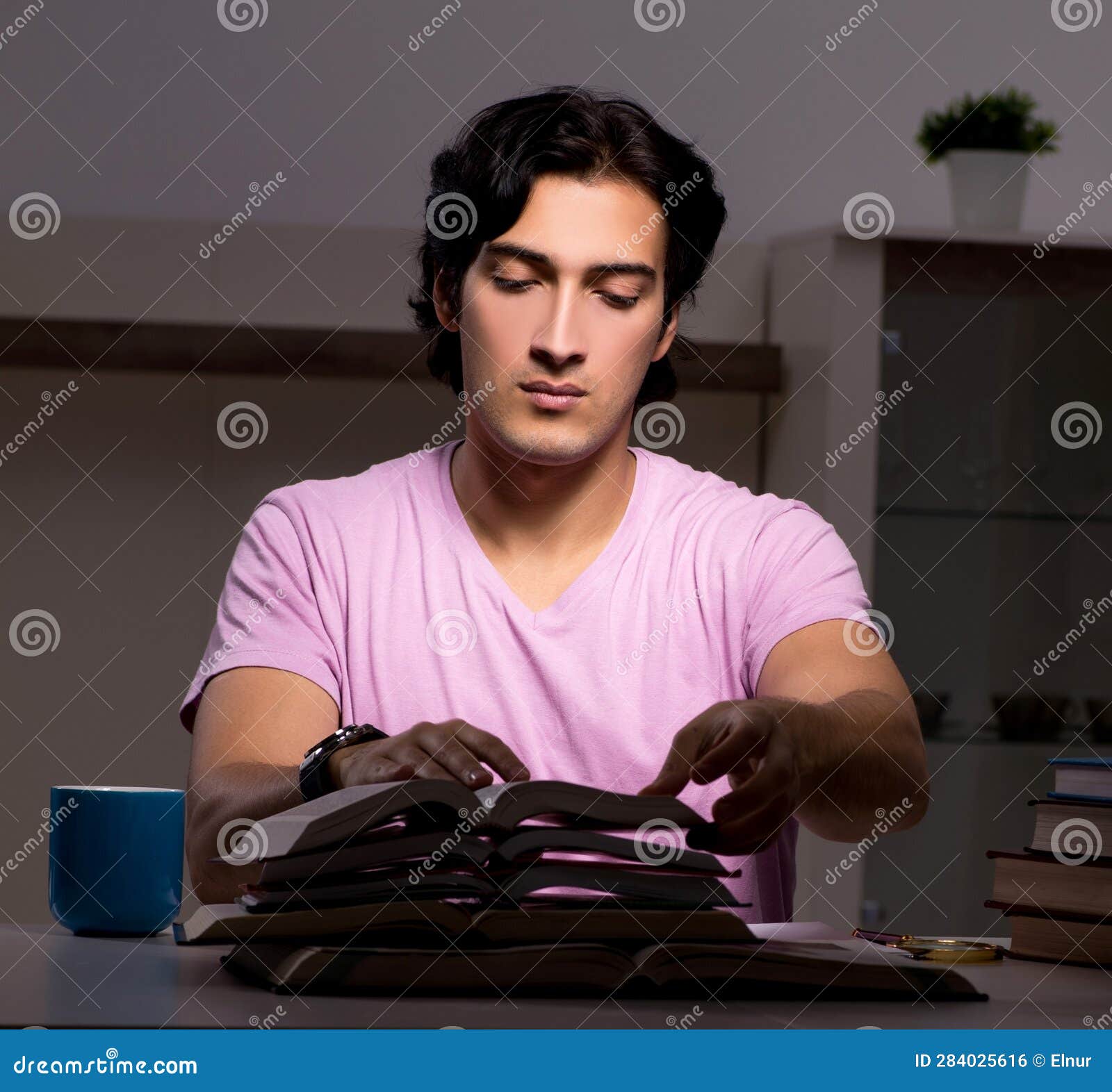 Male Handsome Student Preparing for Exams Late at Home Stock Photo ...