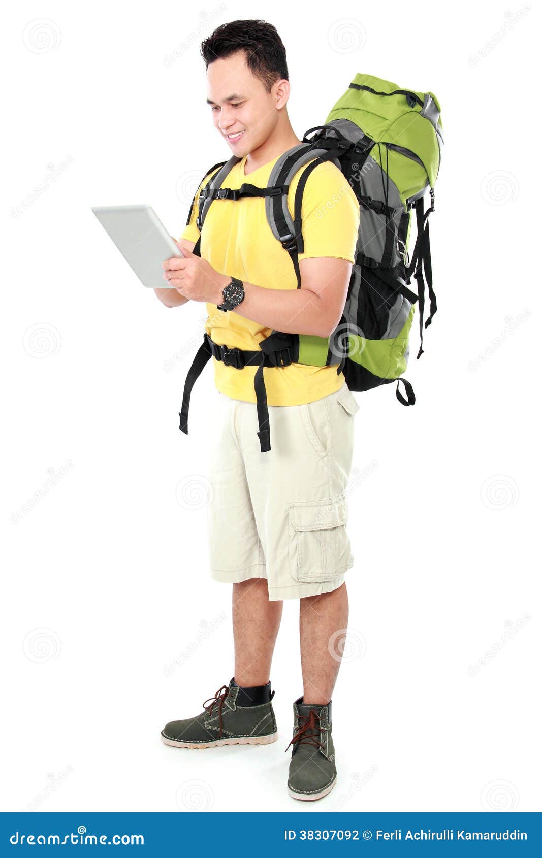 Male Hiker With Backpack Using Tablet Computer Stock Photo - Image of ...