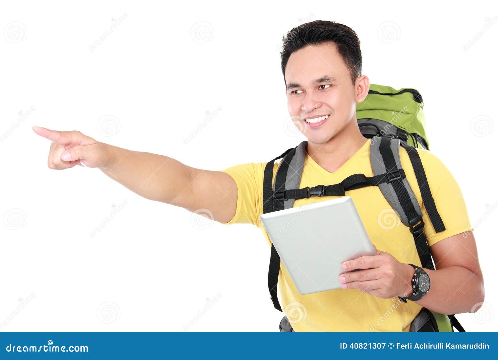 Male Hiker with Backpack Using Tablet Computer Stock Image - Image of ...
