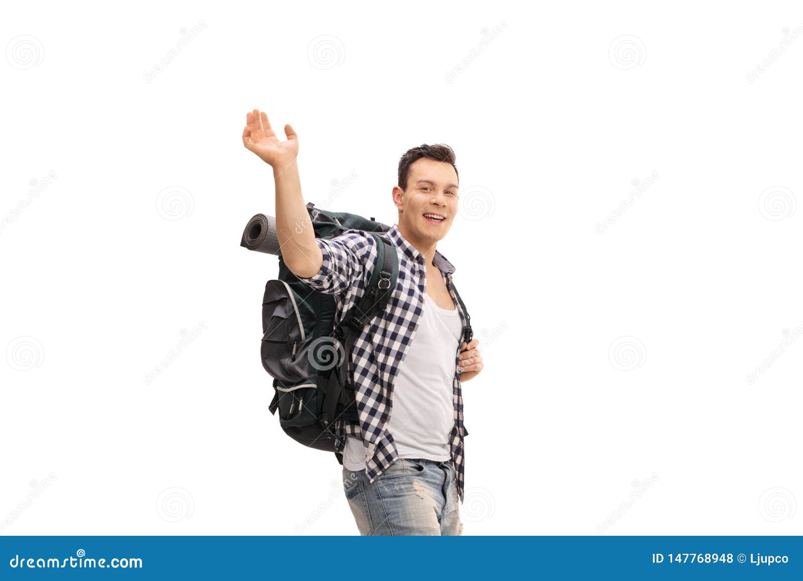 Male Hiker with Backpack Waving at the Camera Stock Photo - Image of ...