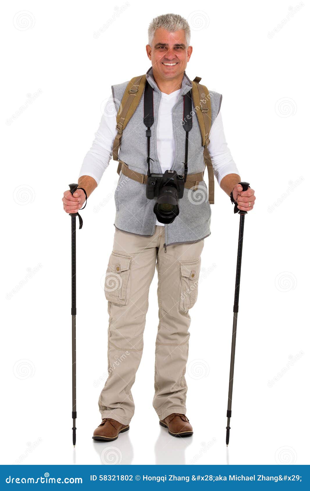 Male hiker with camera stock photo. Image of isolated - 58321802