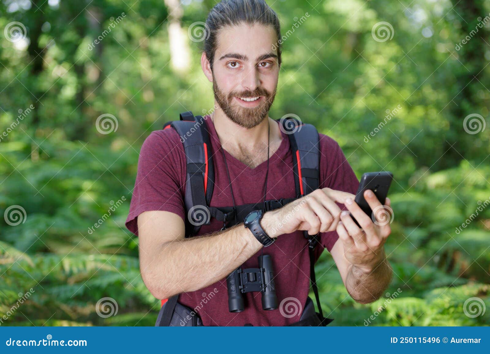 Male Hiker Looking at Mobile Phone in Forest Stock Photo - Image of ...