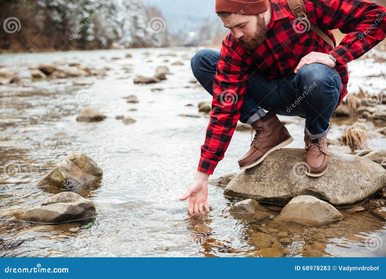 Male hiker testing water stock image. Image of concept - 68978283