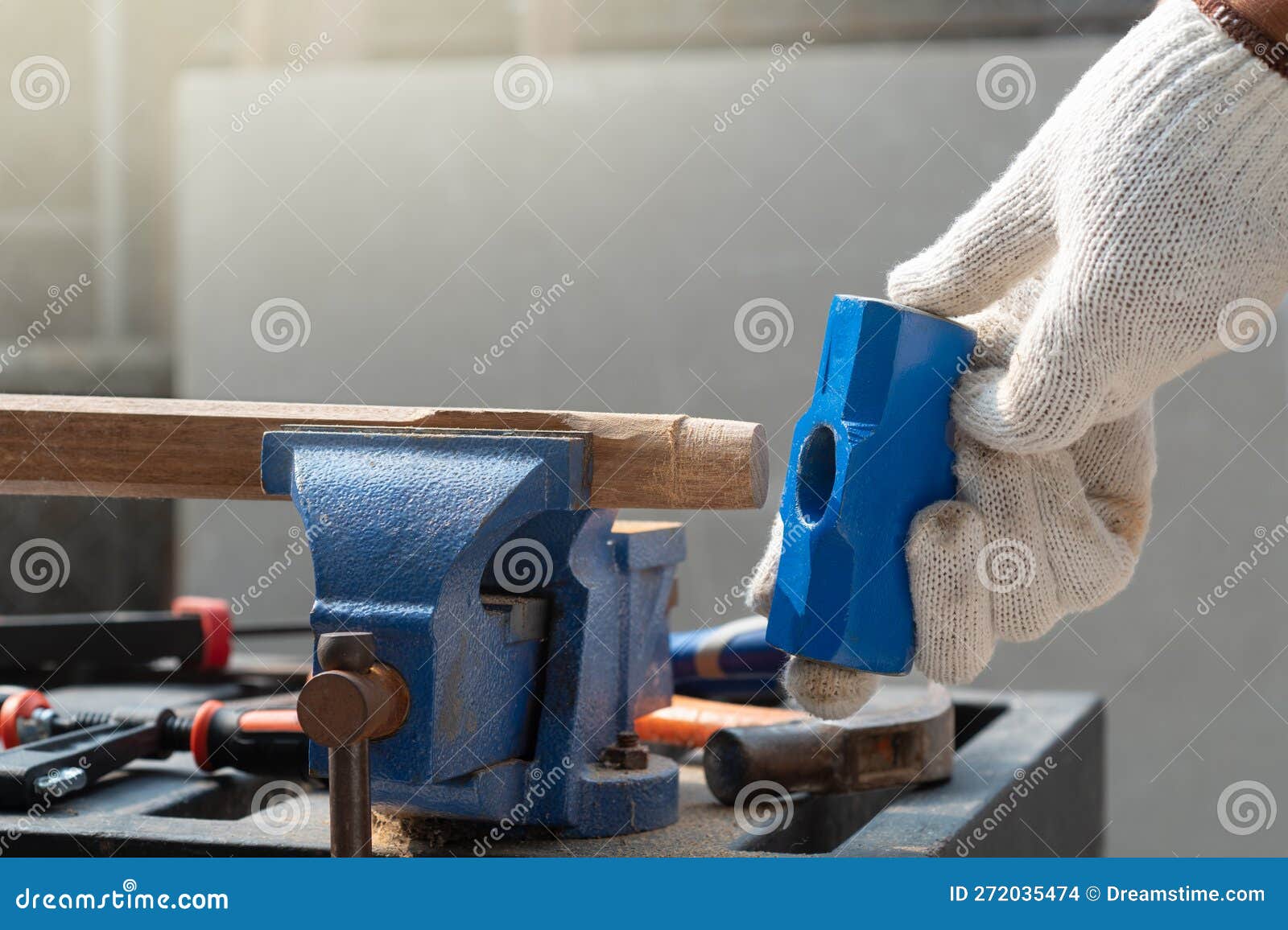 Male Hobby Retirement. Senior Man is Using Bench Vise on Wood for ...