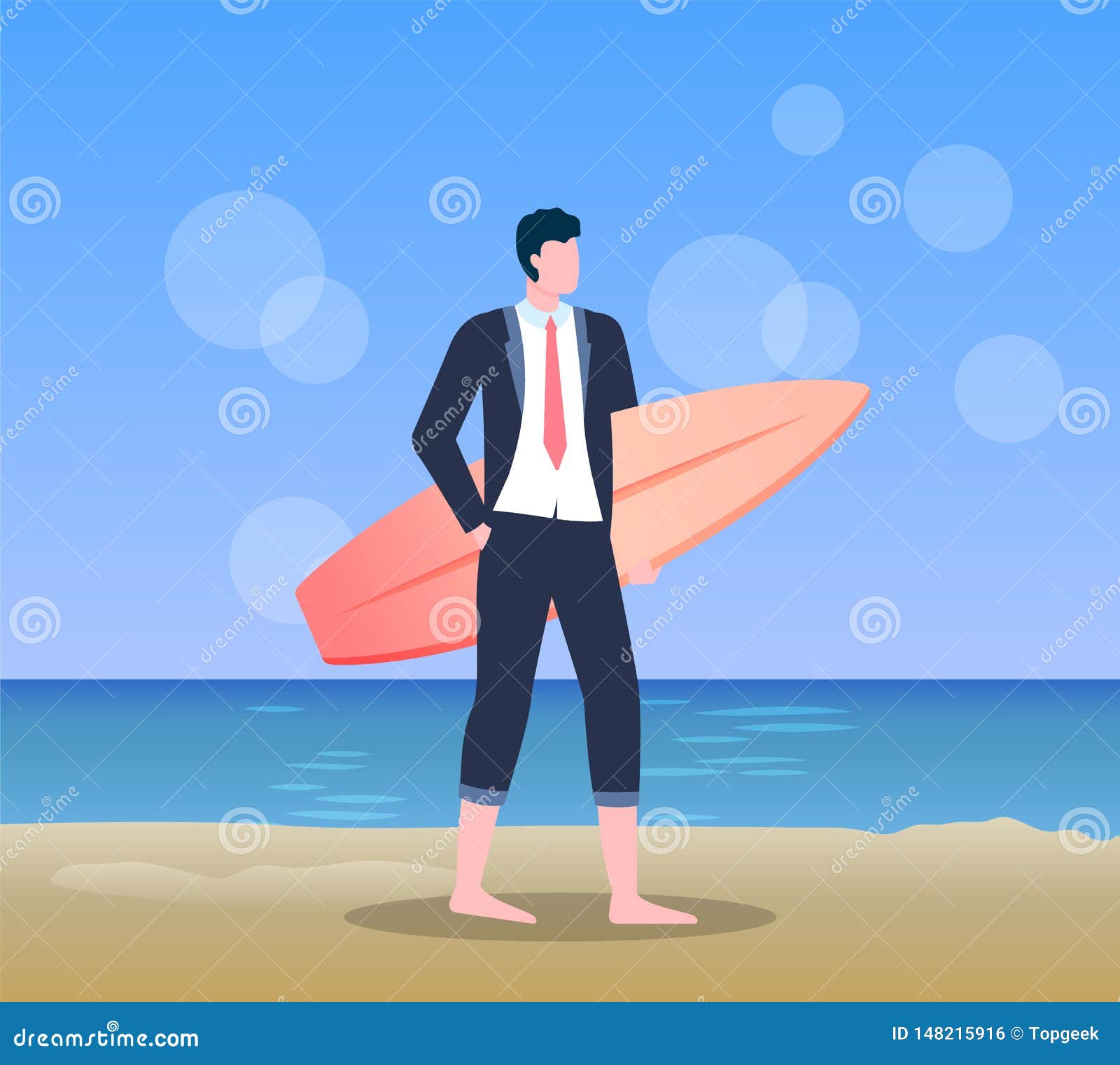 Male Holding Surfboard Standing On Beach Vector Stock Vector