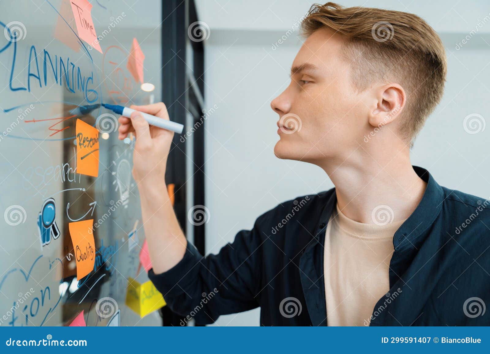 Male Leader Write and Share Idea by Using Mind Map and Sticky Notes ...