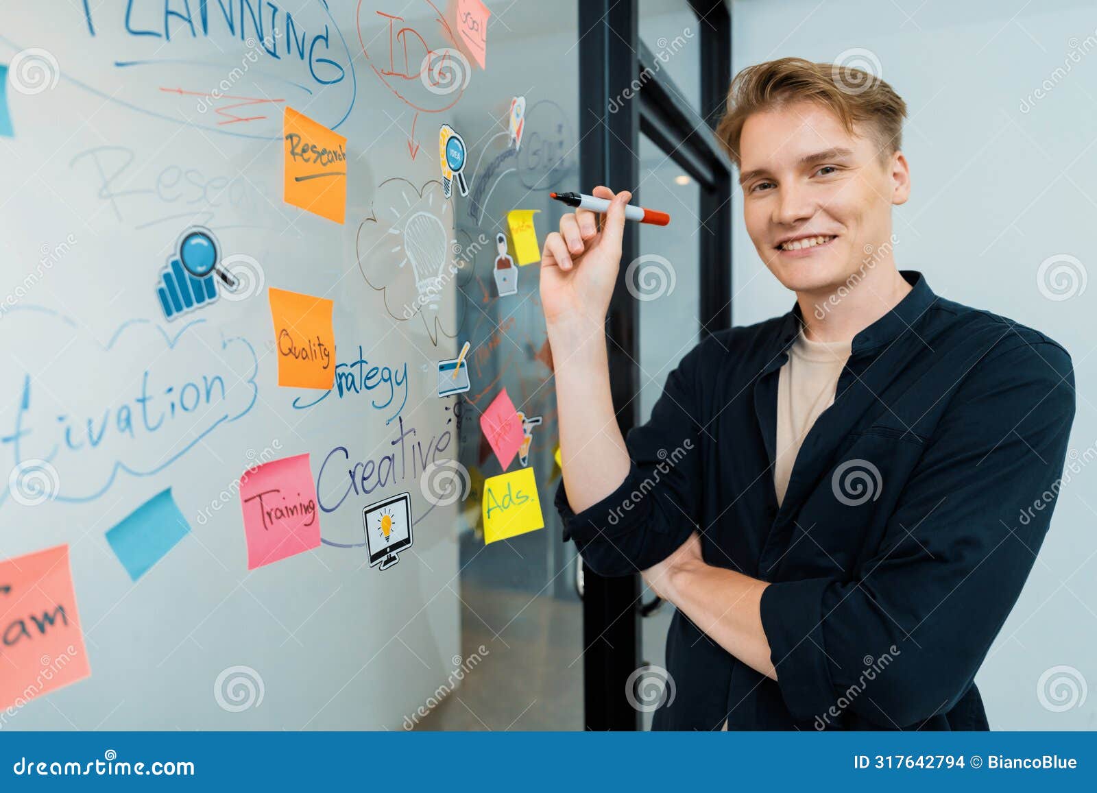 Male Leader Write and Share Idea by Using Mind Map and Sticky Notes ...