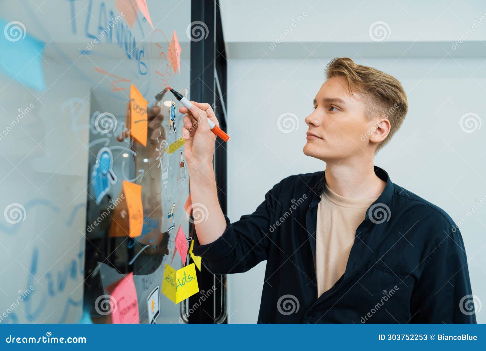 Male Leader Write and Share Idea by Using Mind Map and Sticky Notes ...