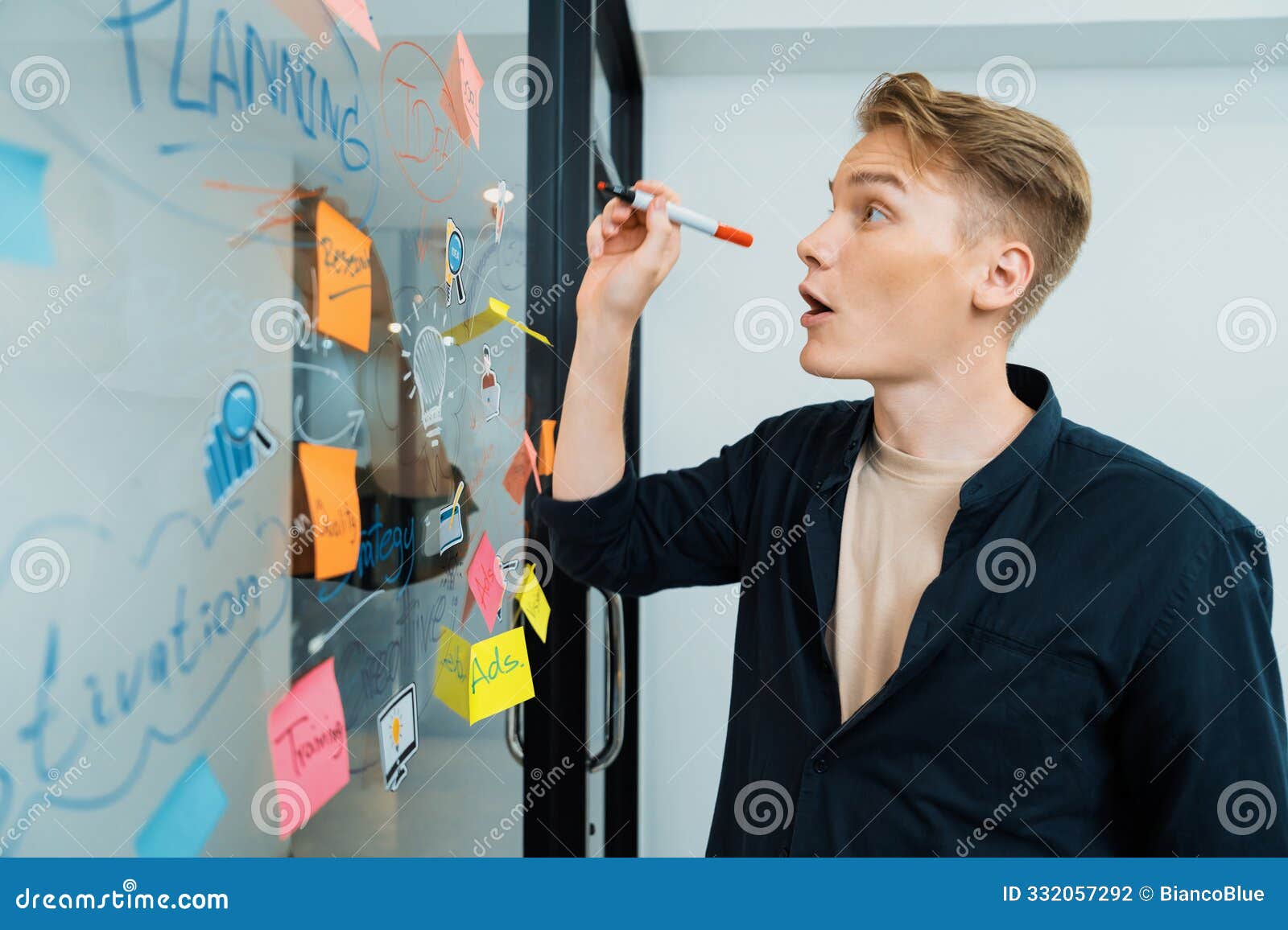 Male Leader Write and Share Idea by Using Mind Map and Sticky Notes ...