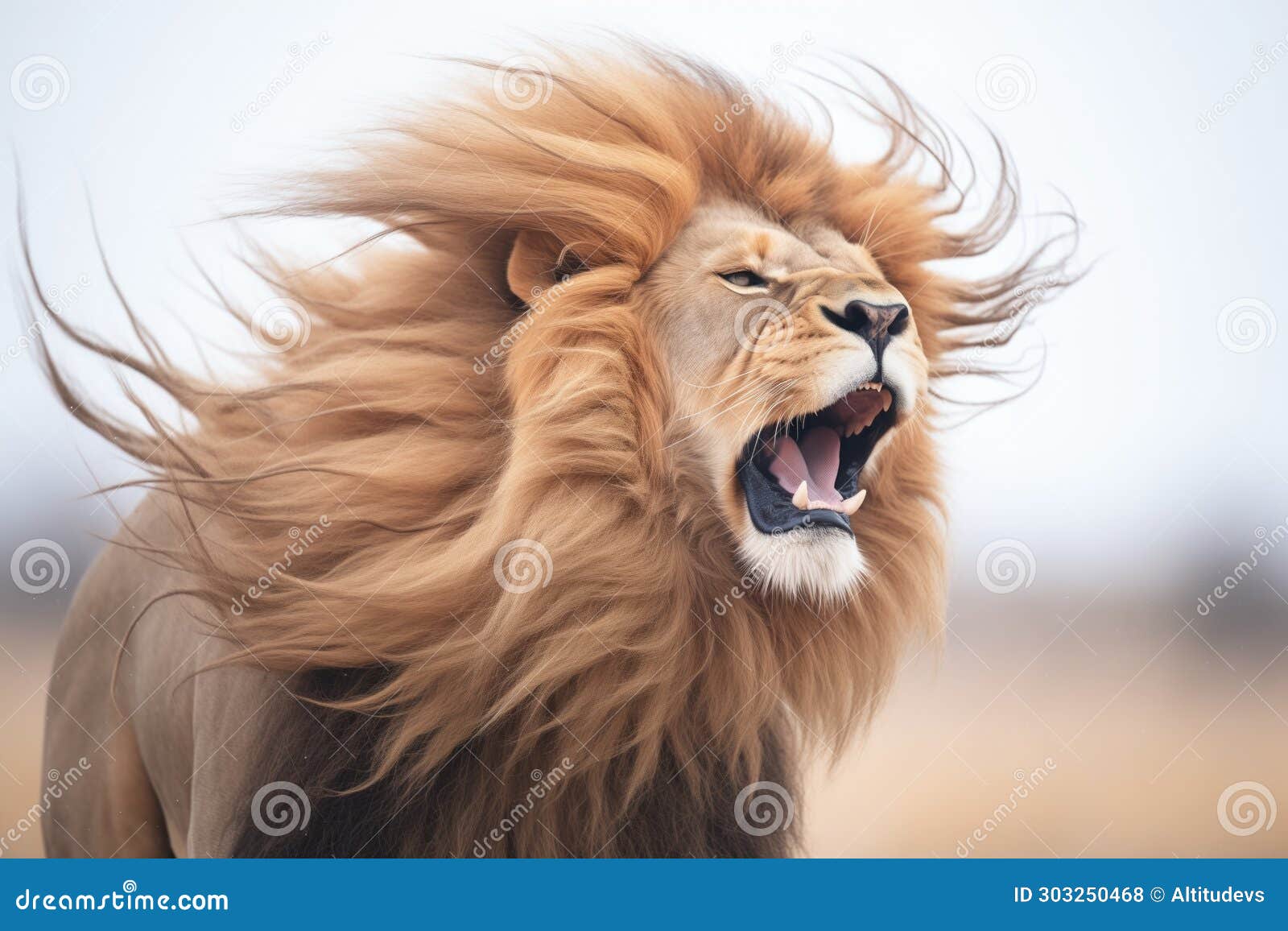 Male Lion with Mane Blown by Wind Stock Photo - Image of feline, nature ...