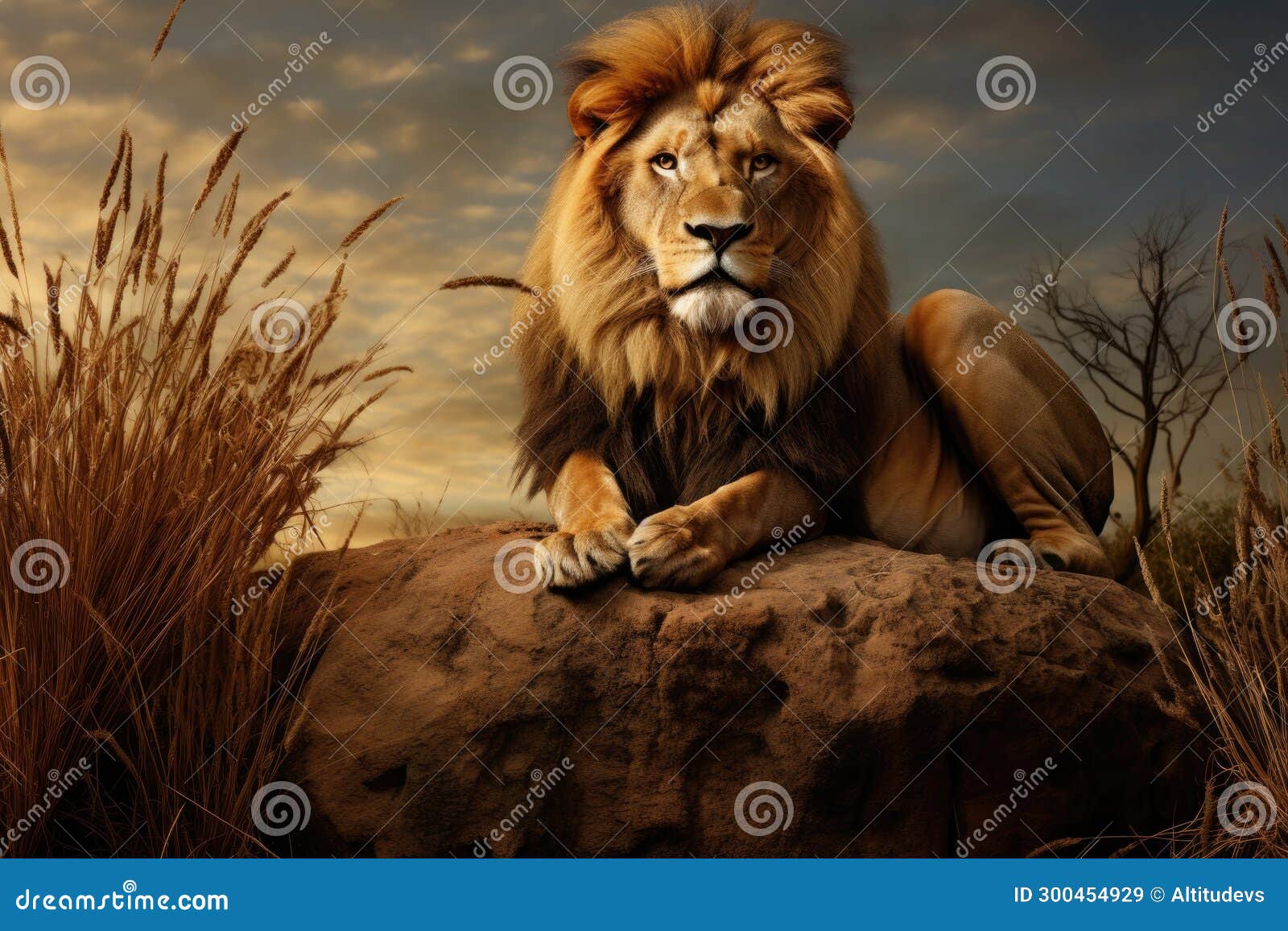 A Male Lion Sitting on a Stone Throne in the Savannah Stock Image ...