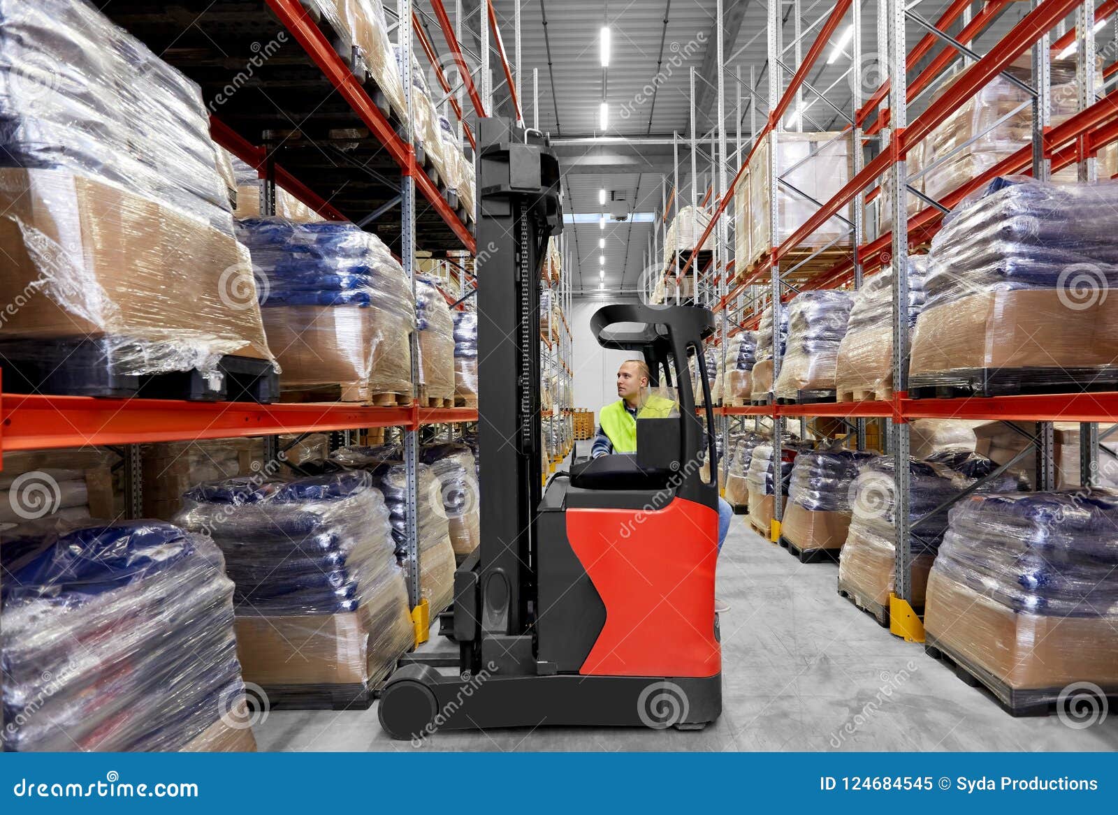 Male Loader Operating Forklift at Warehouse Stock Image - Image of ...