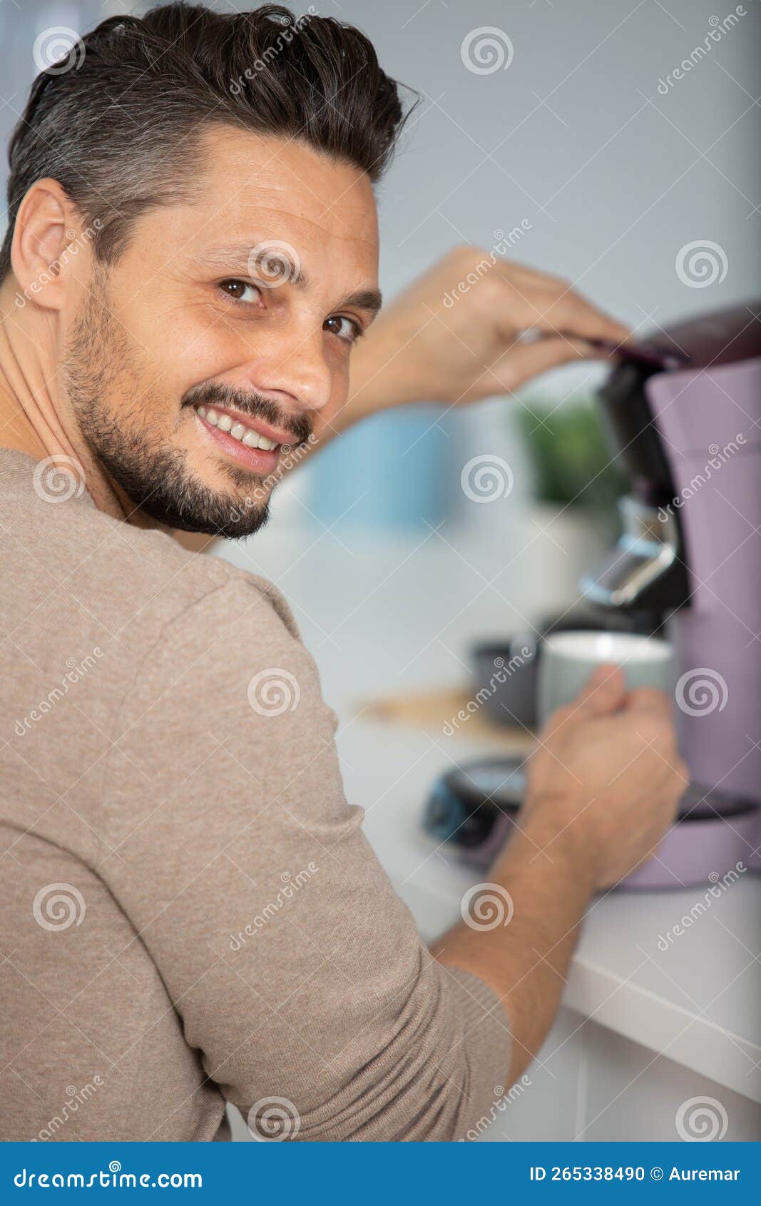 Male Making Coffee at Kitchen in Morning Stock Photo - Image of maker ...