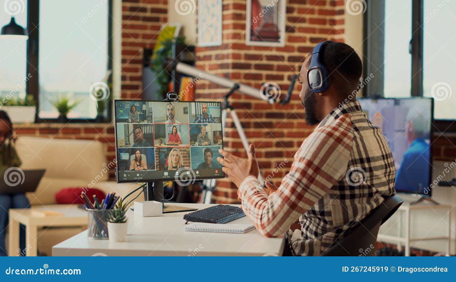 Male Manager Attending Corporate Videocall Meeting on Computer with ...