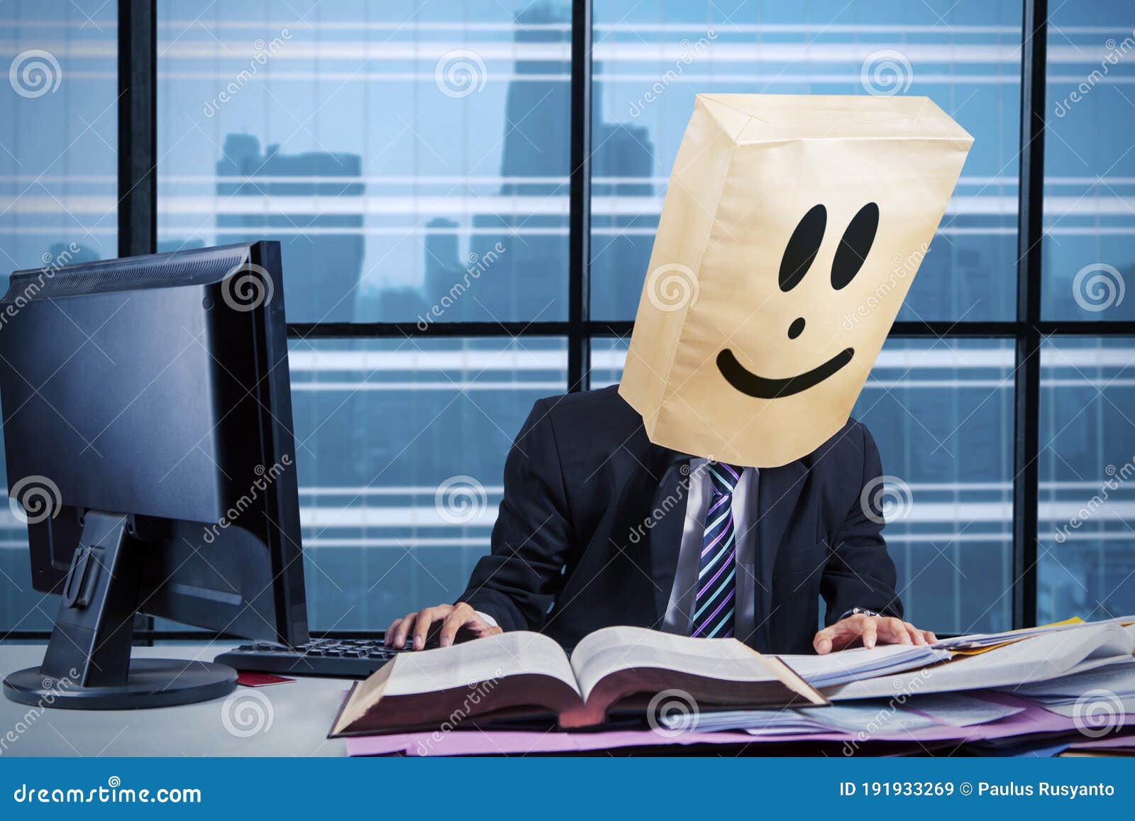 Man With Cardboard Box On His Head And Drawing Of Angry Emoticon Face ...