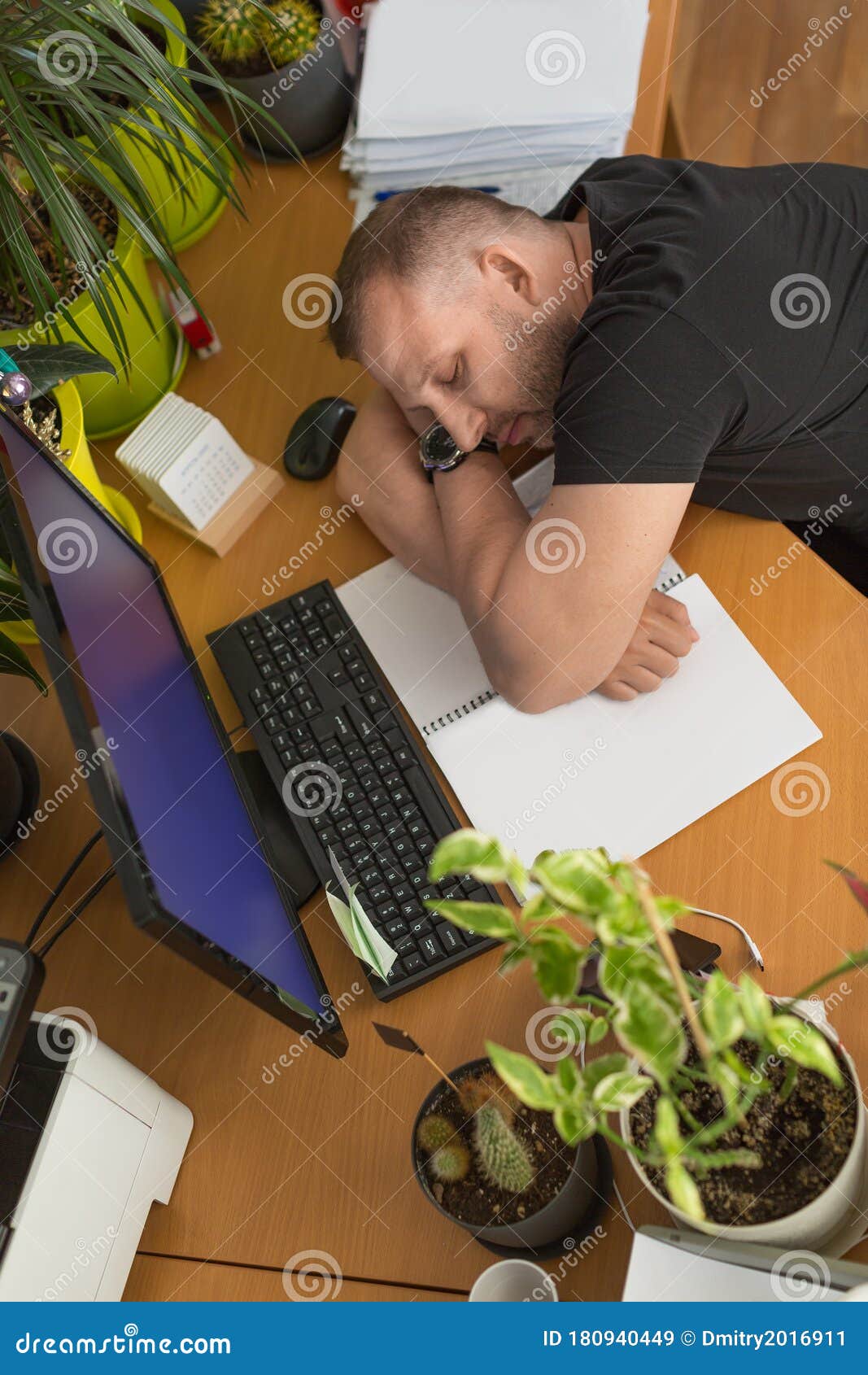 Male Manager is Sleeping in the Workplace. Top View. Stock Image ...