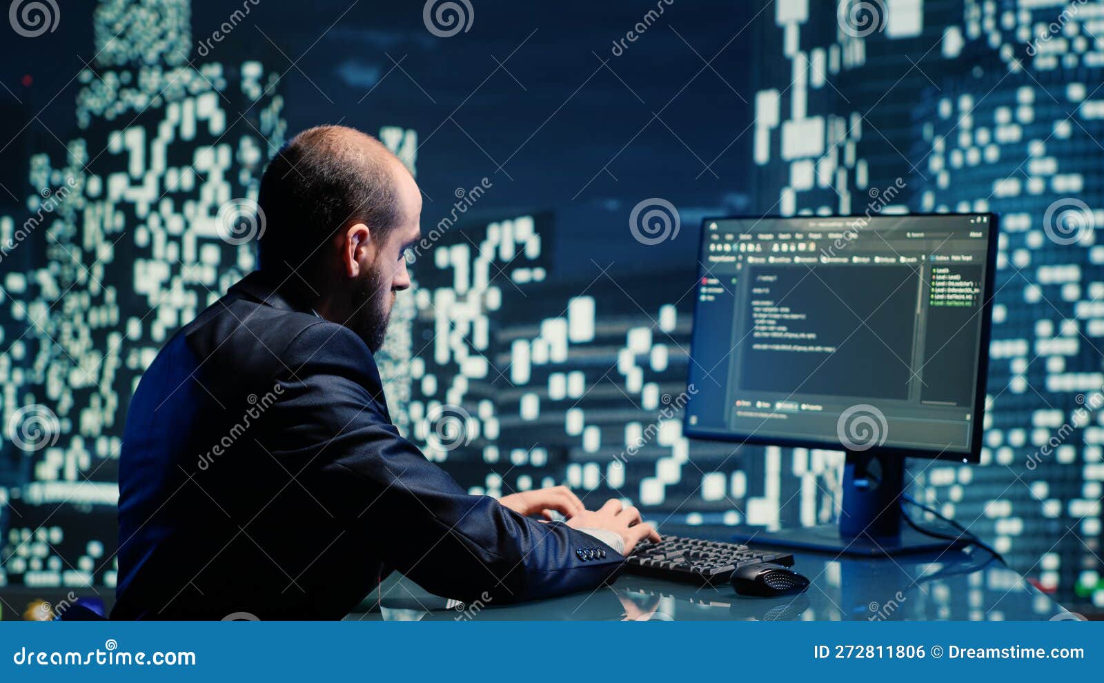 Male Manager Working on Computer in Skytower Space Stock Photo - Image ...