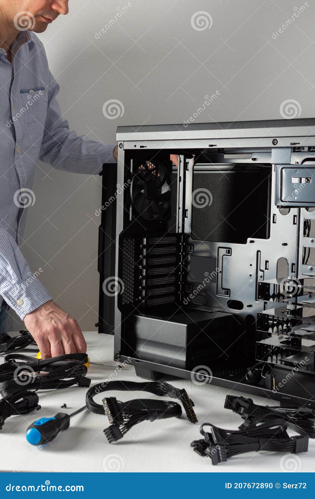 Male Master Assembles a New System Unit Stock Photo - Image of desktop ...