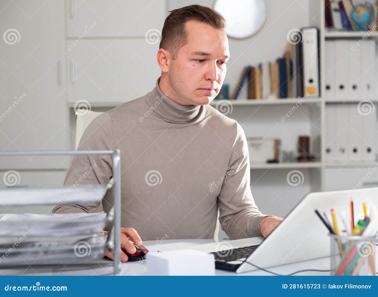 Male Office Manager Using Laptop Computer Stock Image - Image of ...