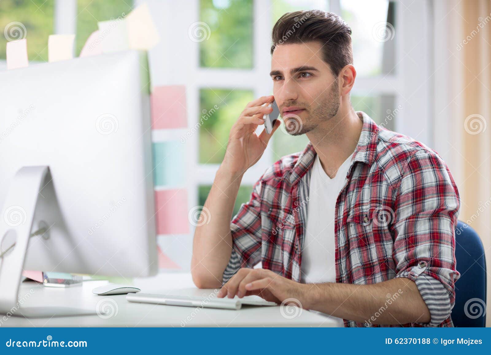 Male Office Worker Front Computer Stock Photo - Image of smiling ...
