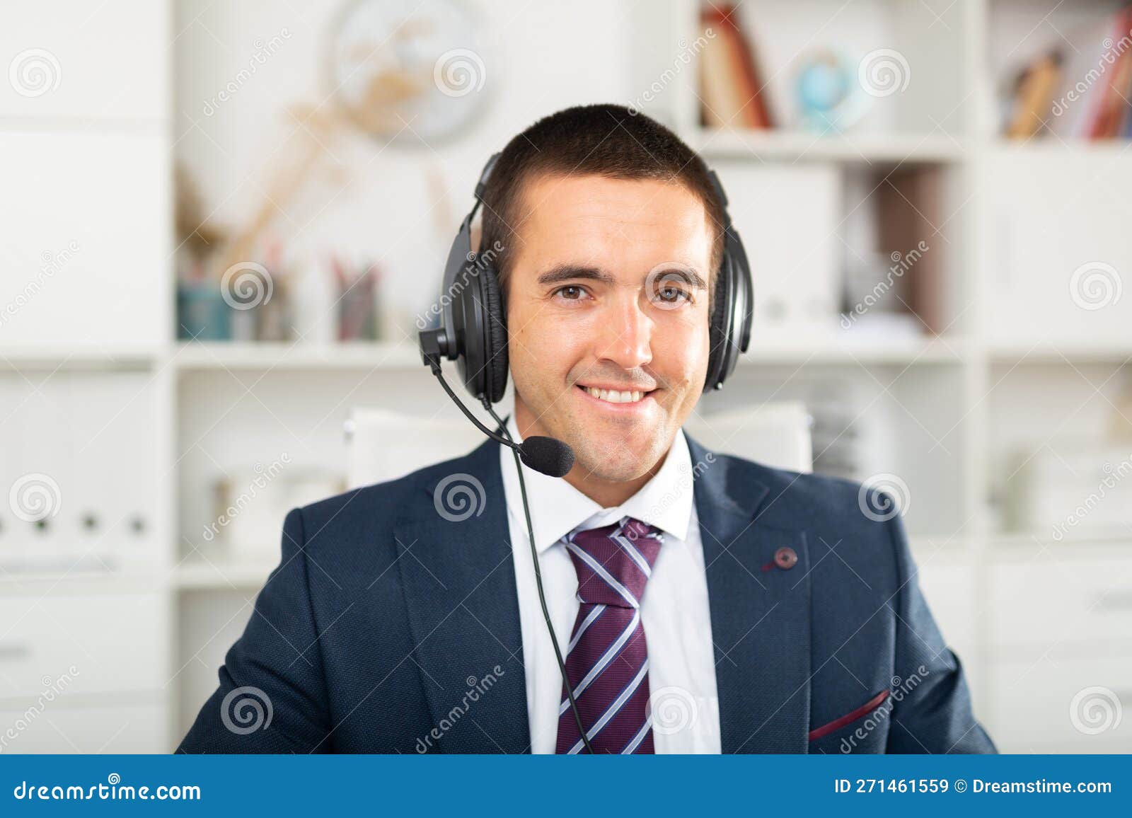 Male Operator Talking with Customer Using Headset at Office Stock Image ...