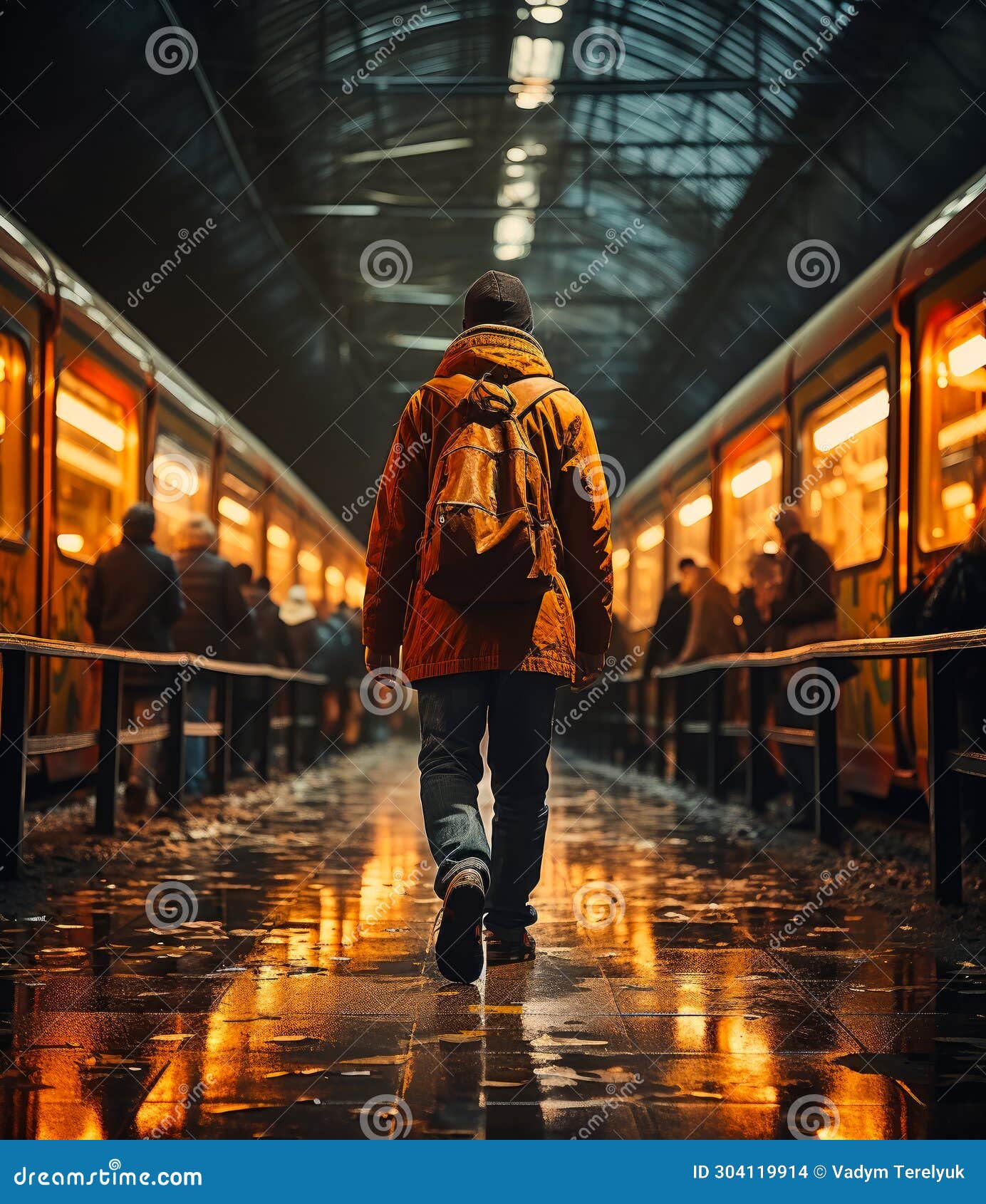 Male in Orange Jacket, Cap and Jeans with Backpack. Rear View. Man ...