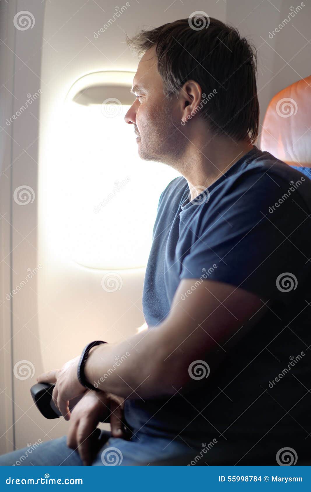 Male Passenger in the Airplane Stock Photo - Image of portrait ...