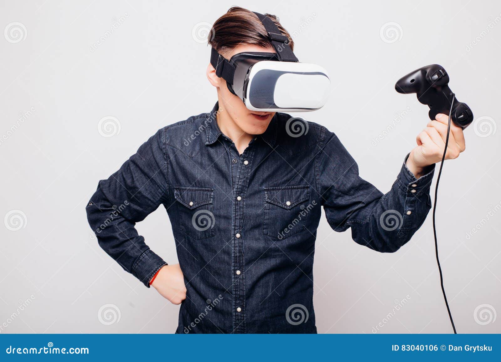 Male Playing Video Games with Virtual Reality Headset and Joystick or ...