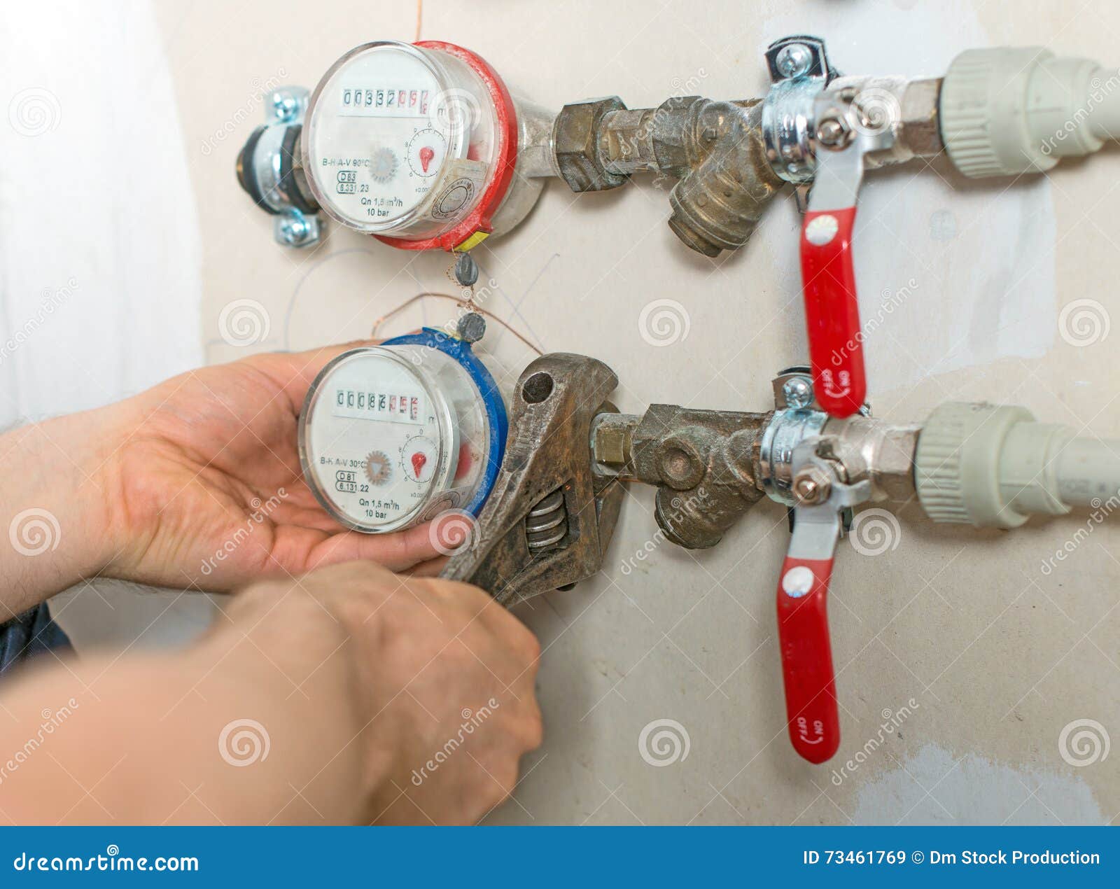 Male Plumber Fixing Water Meter. Stock Image - Image of adjustable ...