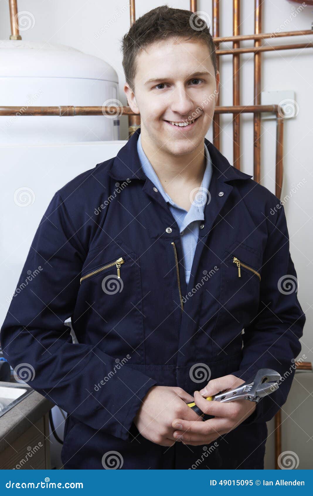 Male Plumber Working on Central Heating Boiler Stock Image - Image of ...