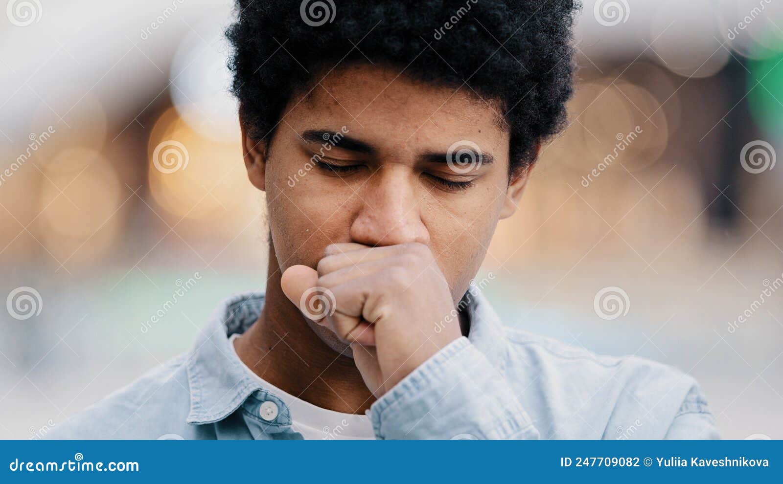 Male Portrait Sad African American Man Sick Guy Indoors Coughing
