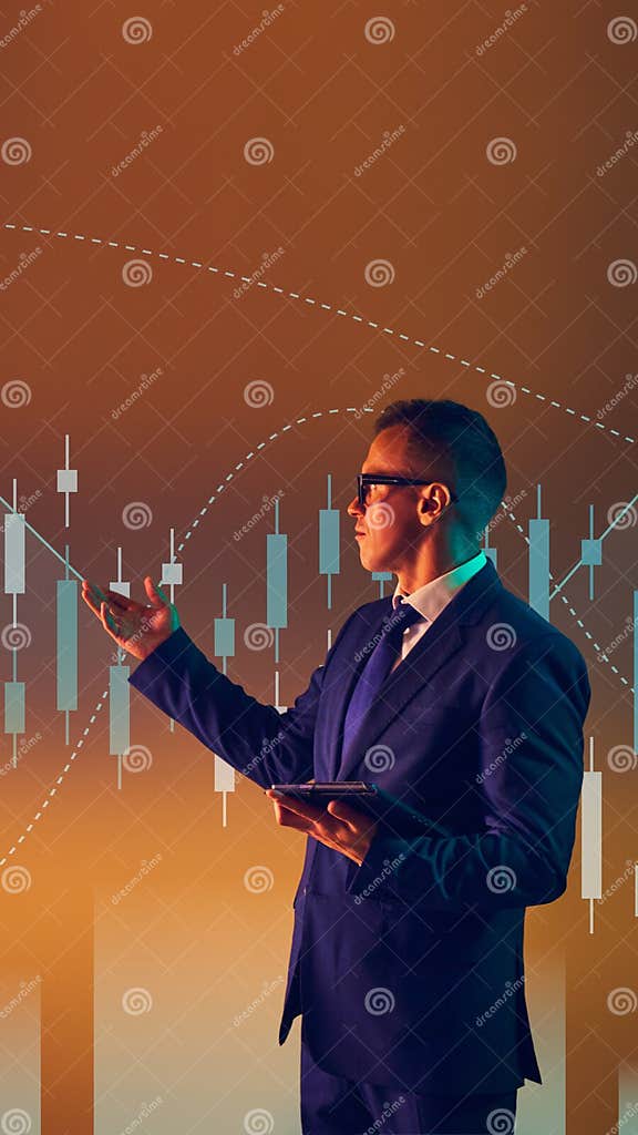 Male Presenter Points To Glowing Visuals, Explaining Complex Data in ...