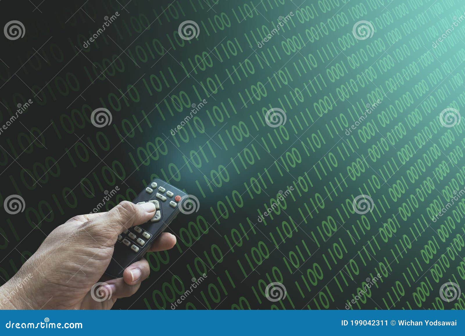 A Male Programmer Hand Is Pressing A Remote Control To Control A ...