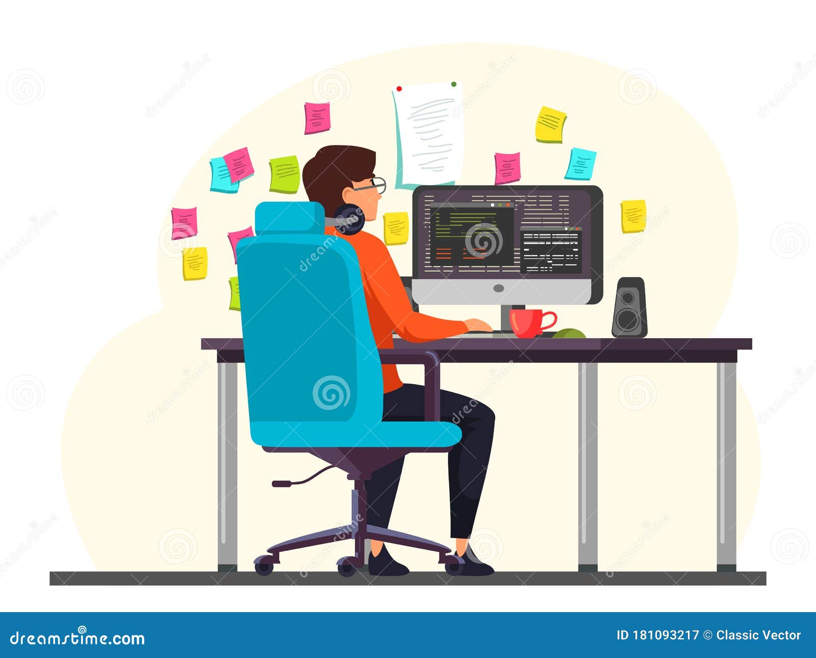 Male Programmer Working At Computer In Office Stock Vector