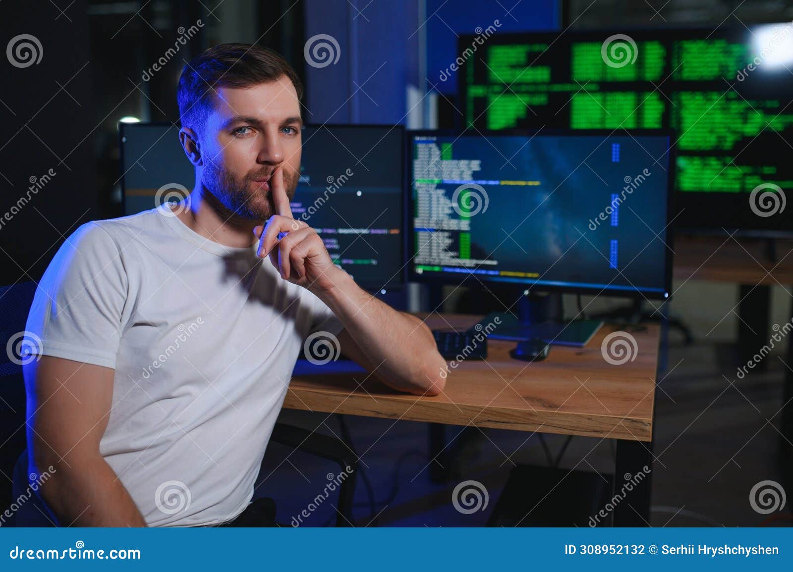 Male Programmer Working on Desktop Computer at White Desk in Office ...