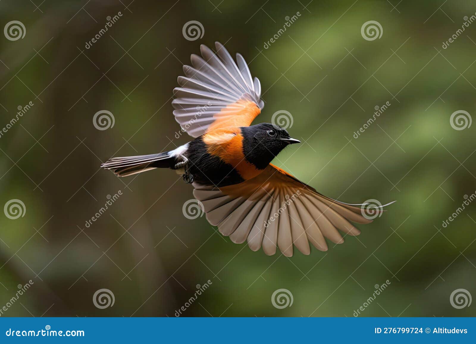 Male Redstart Bird in Flight Above Forest Canopy Stock Illustration ...