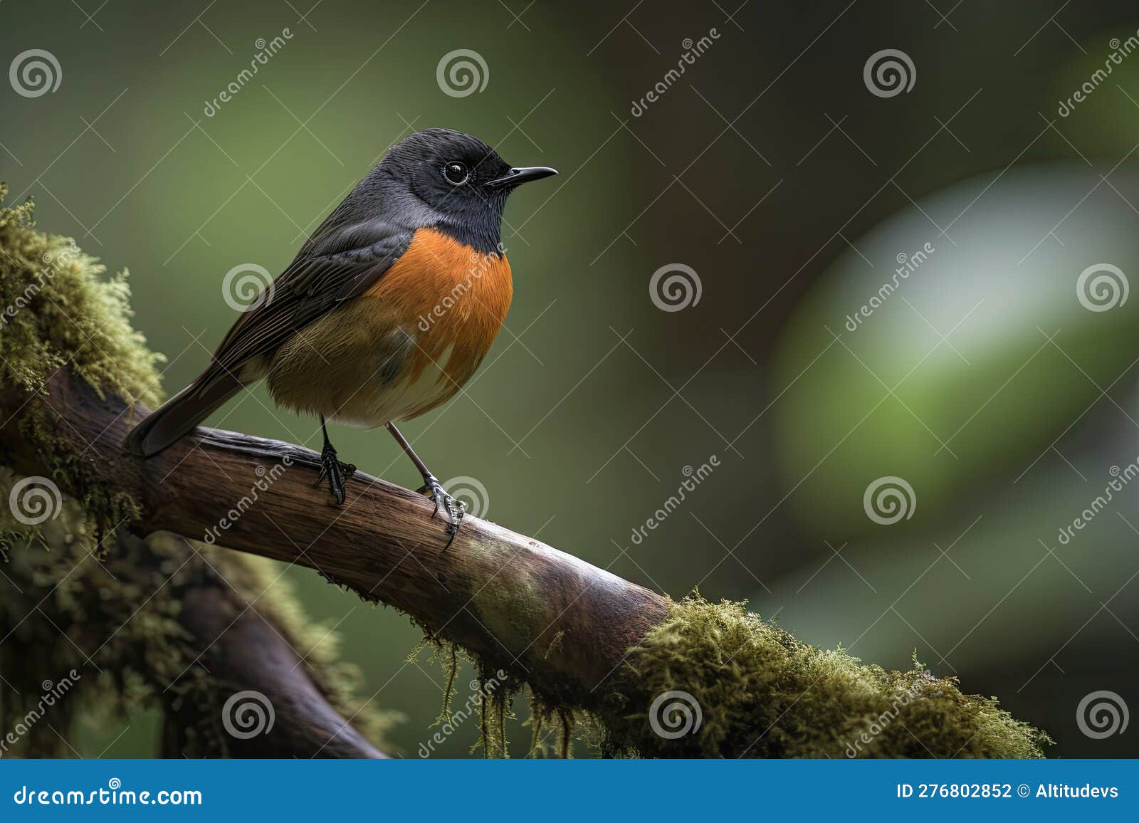 Male Redstart Bird Perching on Branch, with View of Forest Canopy Stock ...