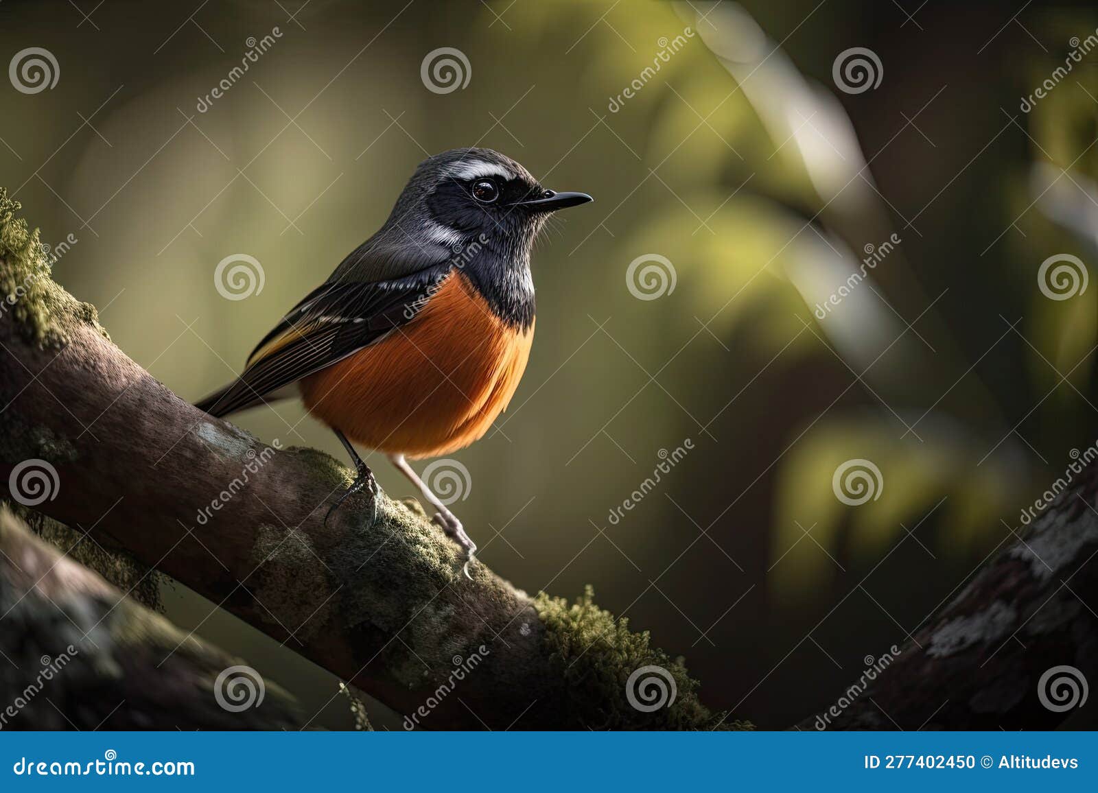 Male Redstart Bird Perching on Tree Branch, Watching for Prey Stock ...