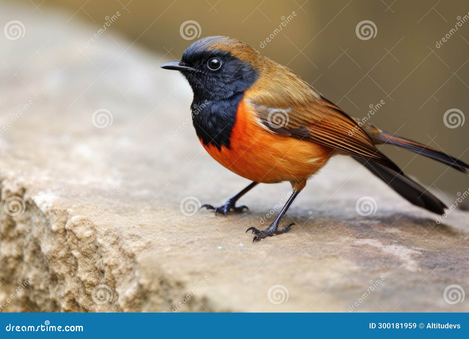 Male Redstart Bird Preening Its Feathers on a Stone Wall Stock Image ...