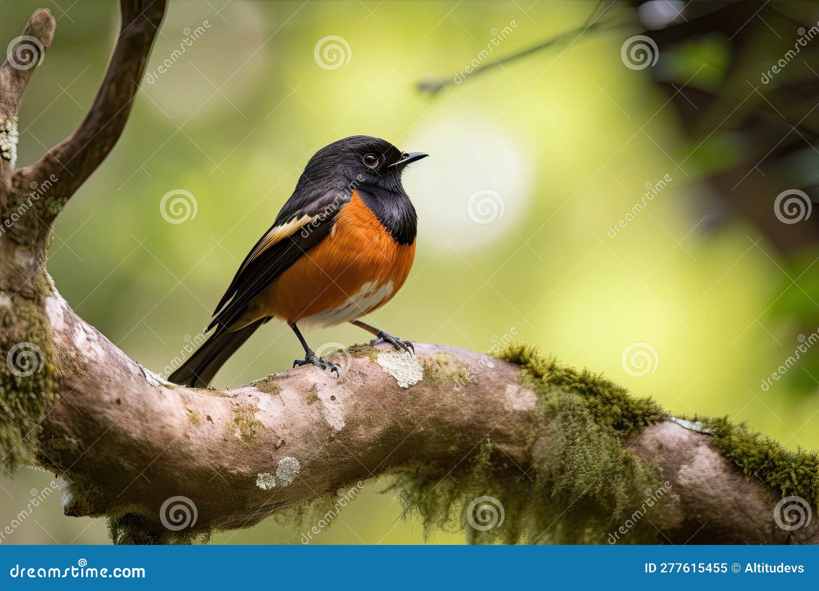 Male Redstart Bird Resting on Tree Branch, with Wings Spread Stock ...