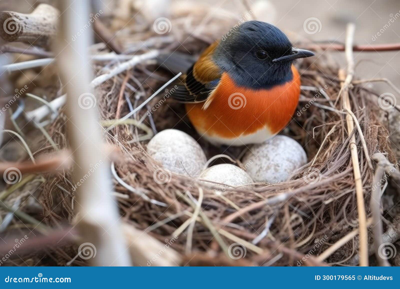 Male Redstart Bird Sitting in a Nest with Eggs Stock Image - Image of ...