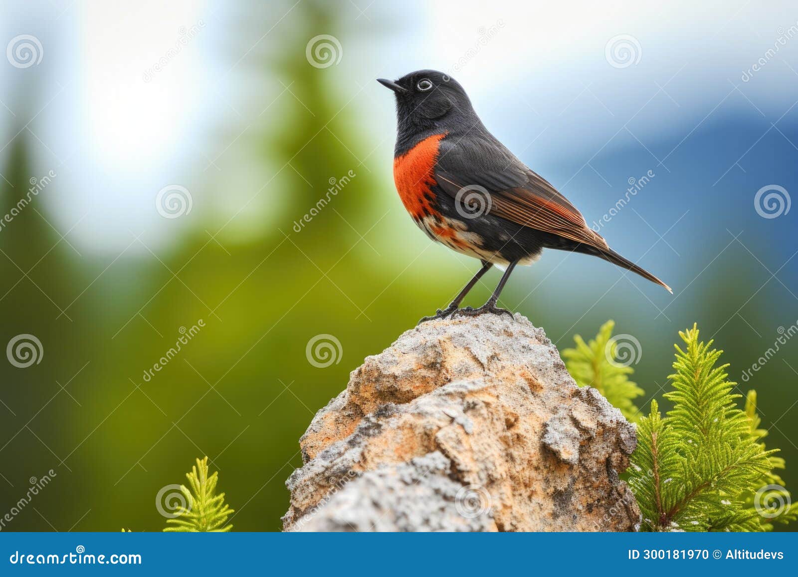 Male Redstart Singing from the Top of a Pine Tree Stock Photo - Image ...