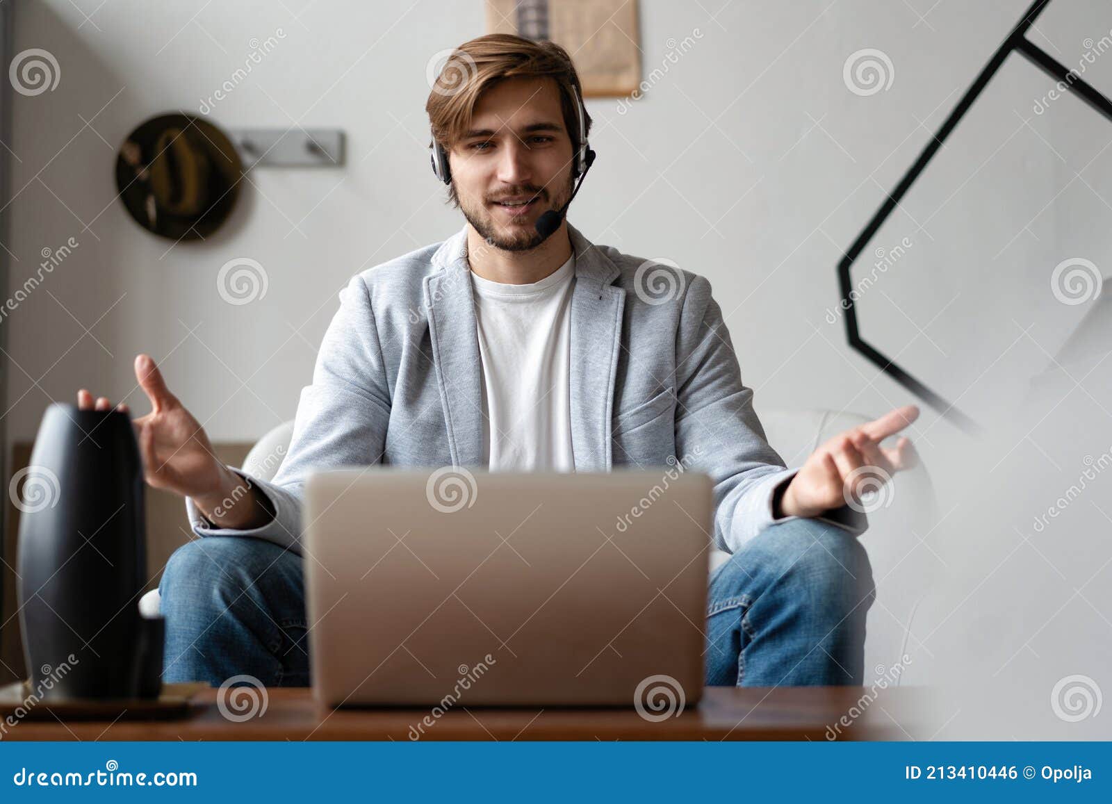 Male Remote Working from Home and Having Work Confrence Video Call ...