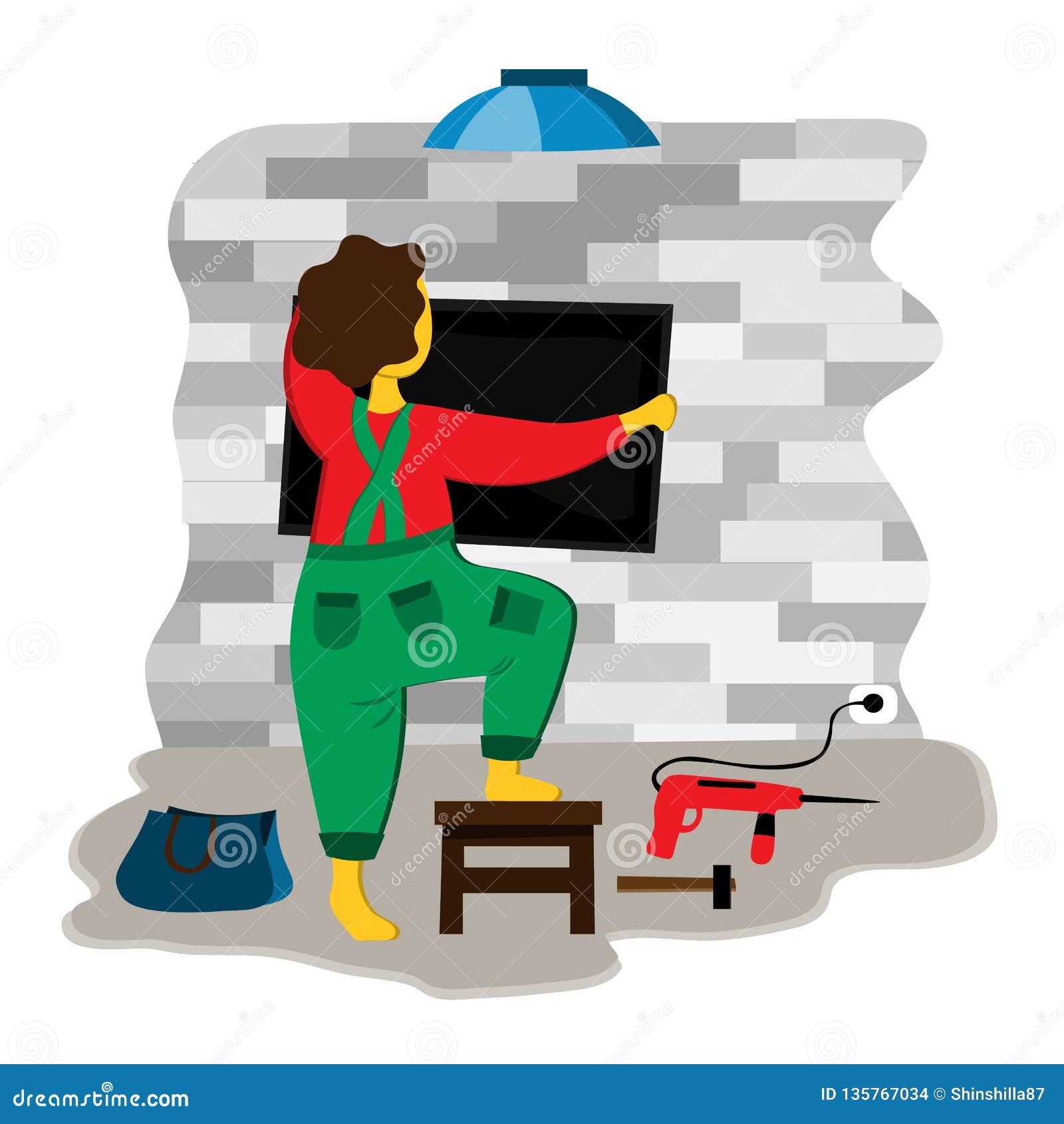 A Male Repairman Hangs Up a Television Using Tools. Illustration in ...